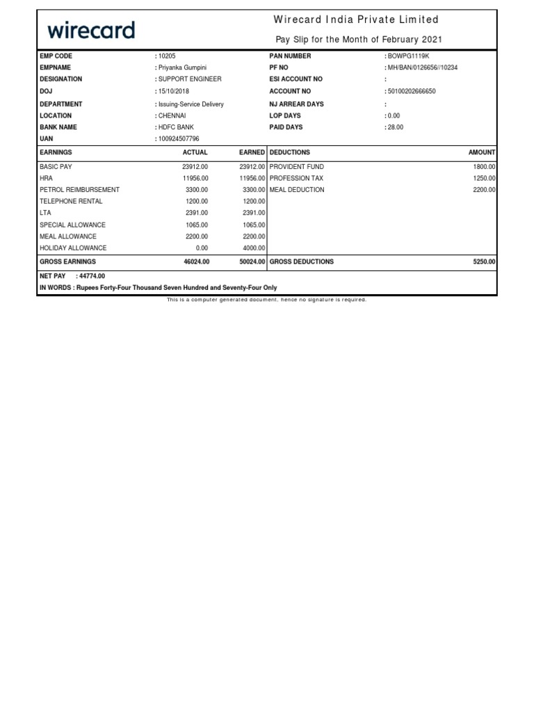 Pay Slip For The Month of February 2021: This Is A Computer Generated ...