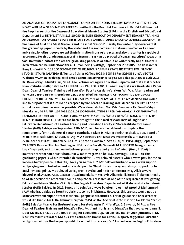 An Analysis of Figurative Language Found On The Song Lyric by Taylor ...