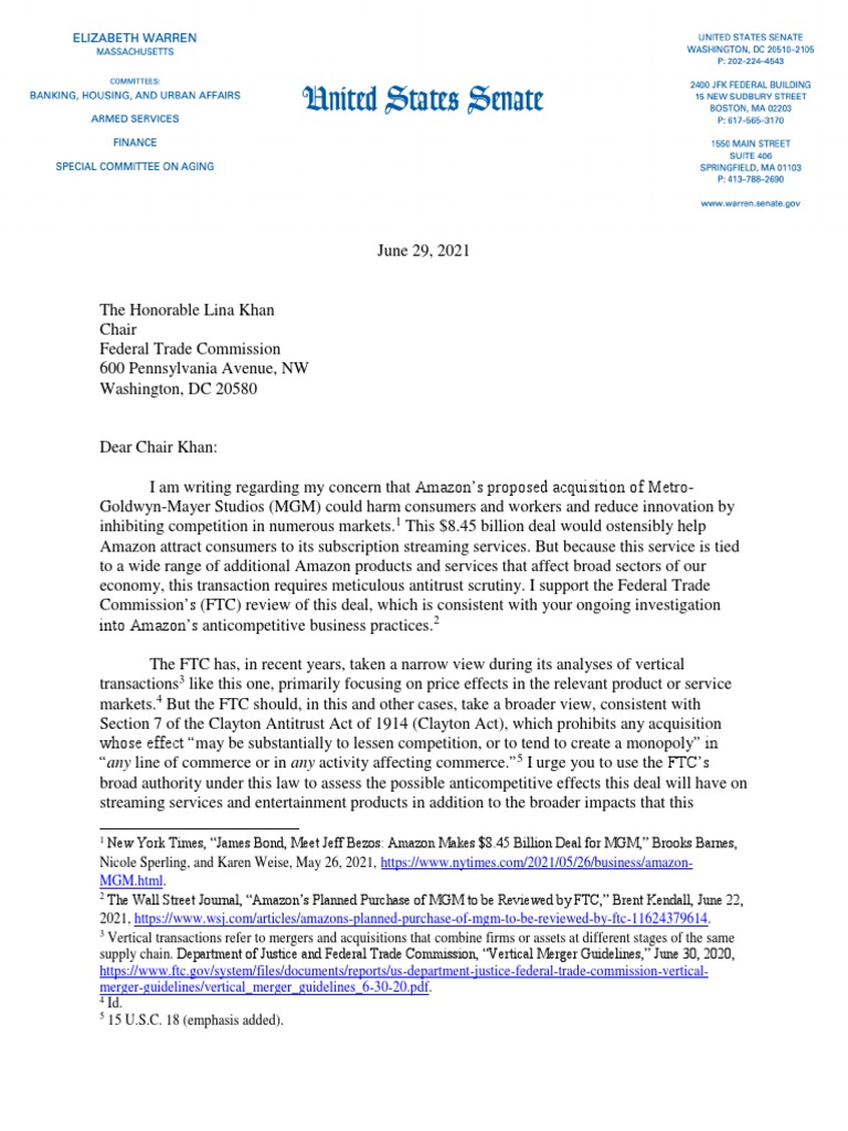 Letter To FTC From Sen. Warren On Amazon-MGM Deal | PDF | Federal Trade ...