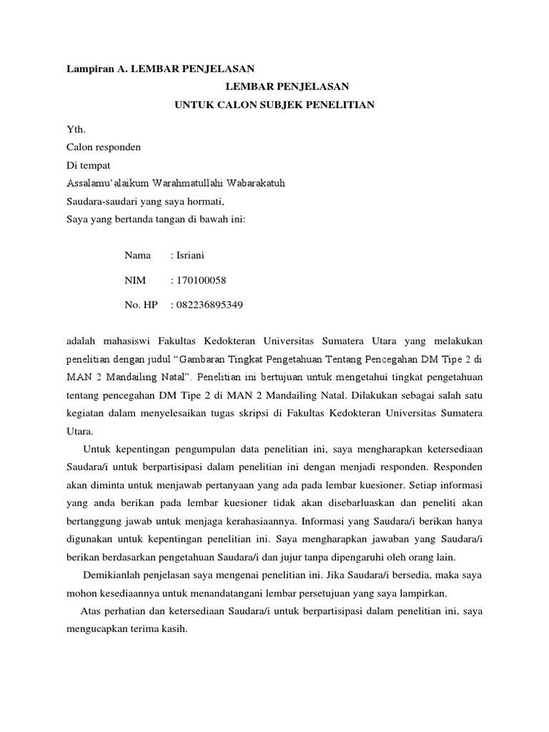 Lembar Penjelasan Proposal Penelitian Isriani | PDF