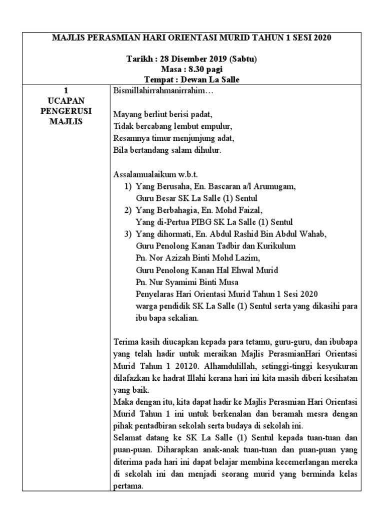 Teks MC Majlis Perasmian Hari Orientasi | PDF