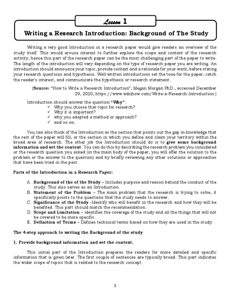 Lesson: Writing A Research Introduction: Background of The Study | PDF ...