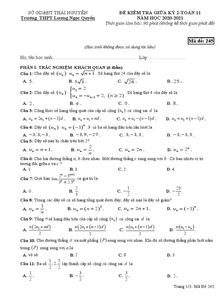 De Thi Giua Ky 2 Toan 11 Nam 2020 2021 Truong Luong Ngoc Quyen Thai Nguyen | PDF