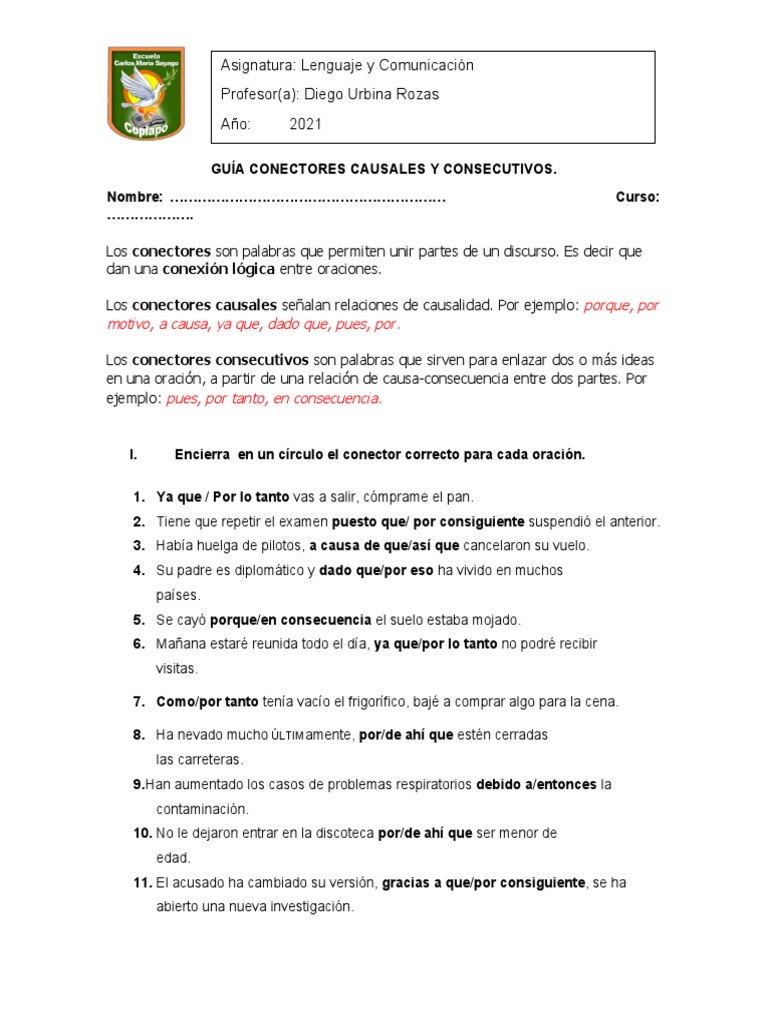 Guía Conectores Causales y Consecutivos | PDF | Artes del Lenguaje y ...