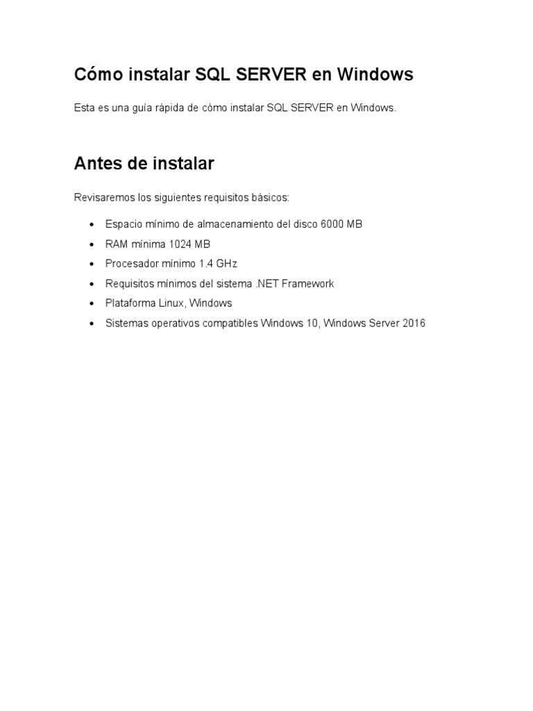 Cómo Instalar SQL SERVER en Windows | PDF | Servidor SQL de Microsoft ...