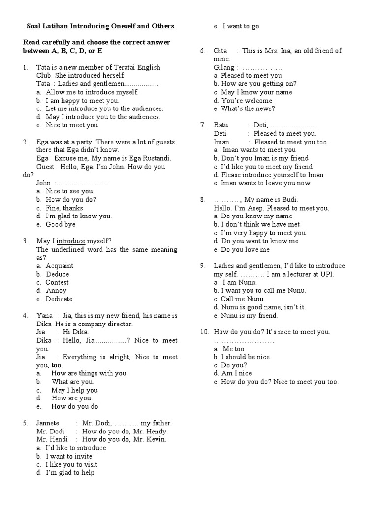 Soal Latihan Introducing Oneself and Others Read Carefully and Choose ... Soal Latihan Introducing Oneself and Others Read Carefully and Choose ...
