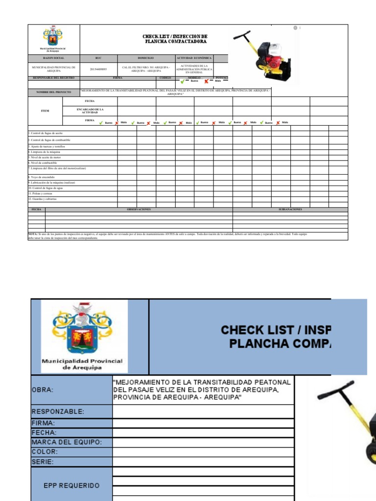 Revisión checklist plancha compactadora | PDF | Science | Ingeniería