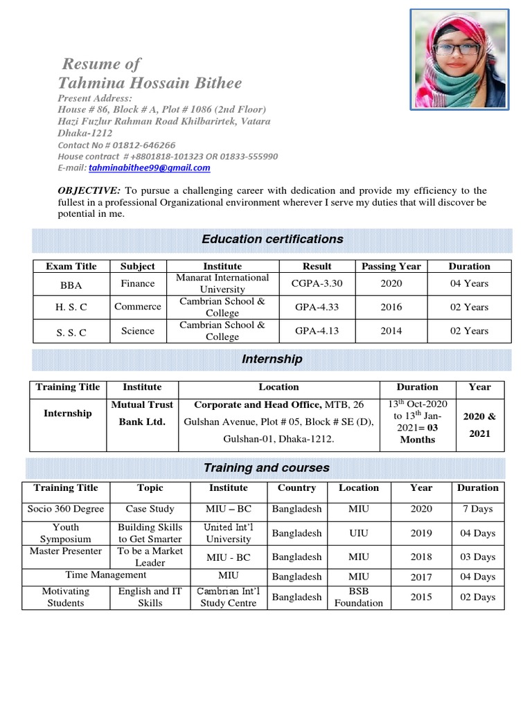 Resume of Tahmina Hossain Bithee | PDF | Human Nature | Communication