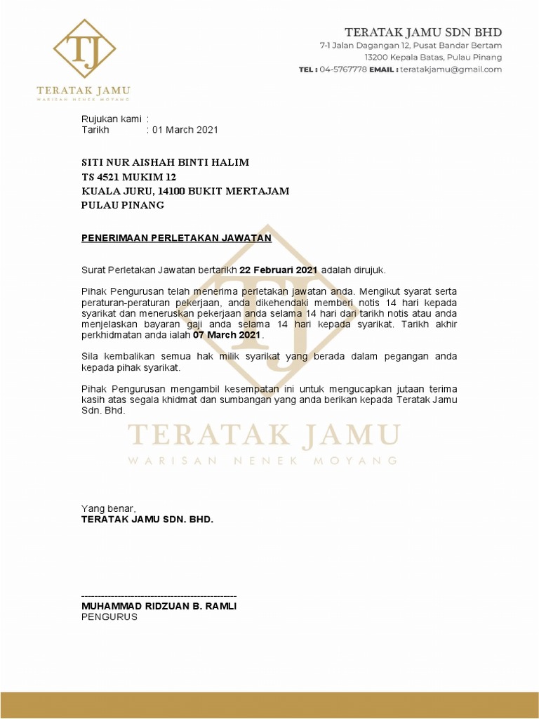 8 - Contoh Surat Penerimaan Perletakan Jawatan | PDF