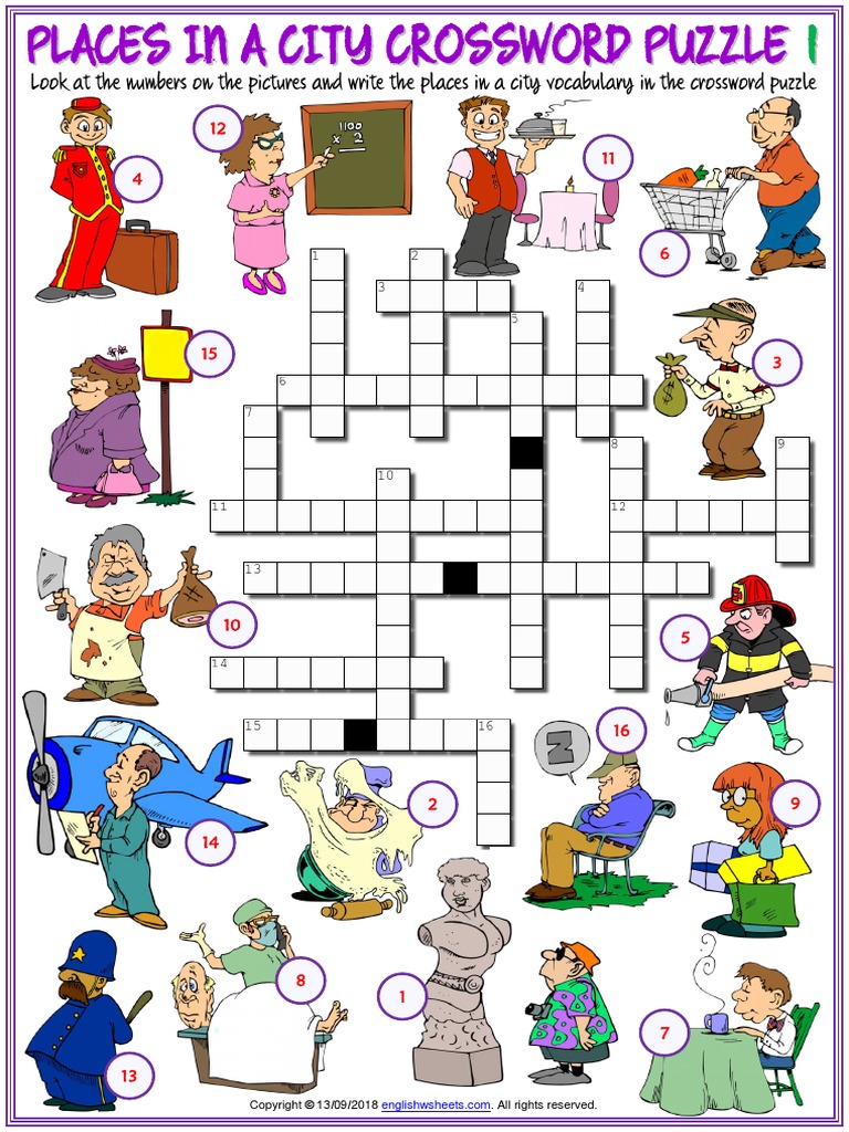 Places in A City Vocabulary Esl Crossword Puzzle Worksheets For Kids ...