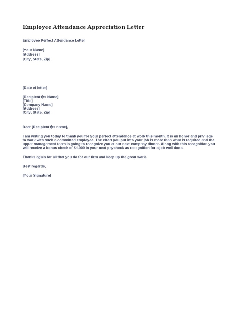 Employee Attendance Appreciation Letter | PDF