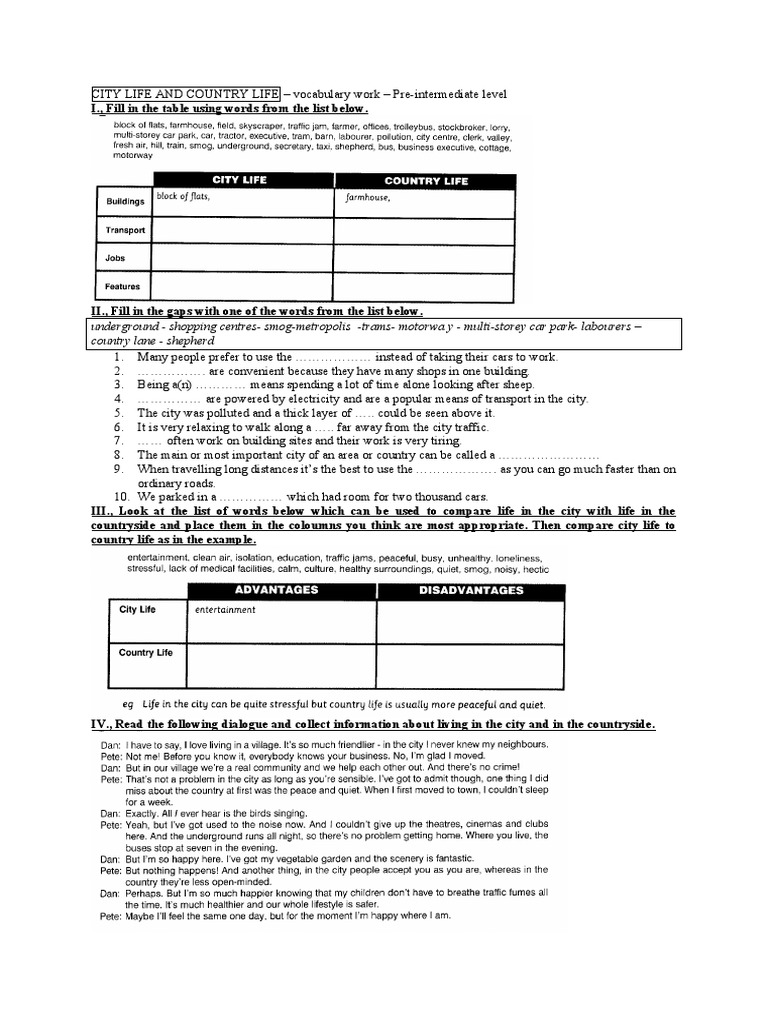City vs. Country Life Vocabulary Exercise | PDF | Travel | Technology ...
