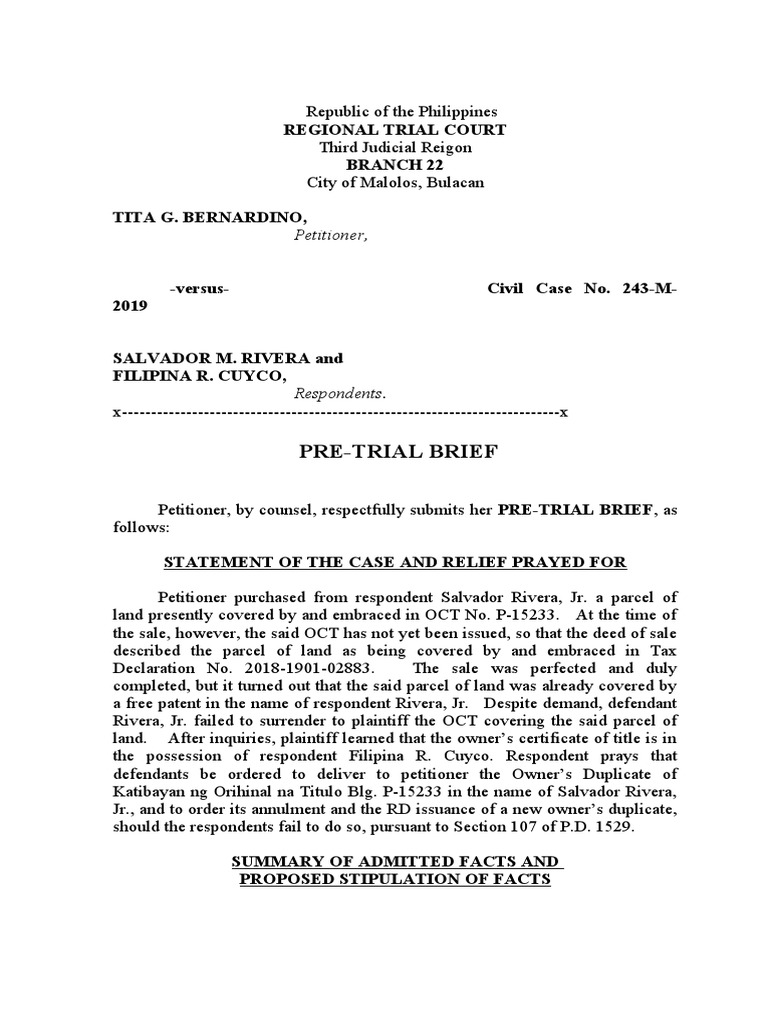 Pre-Trial Brief: Republic of The Philippines Regional Trial Court Branch 22 | Download Free PDF ...