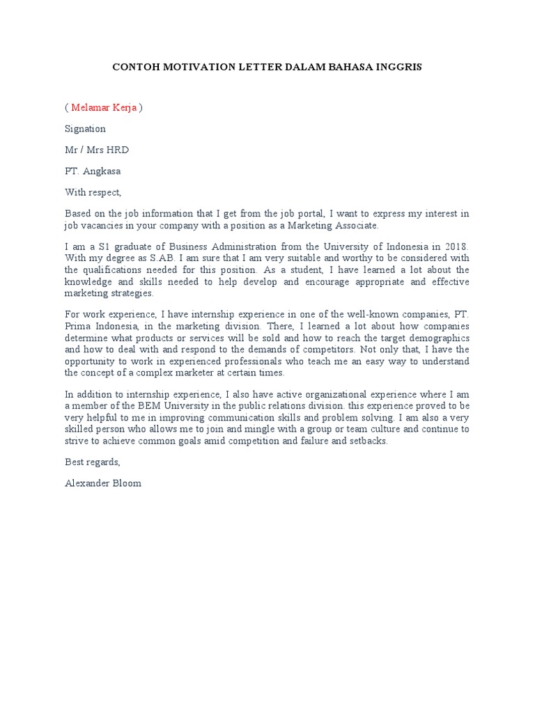 Contoh Motivation Letter Dalam Bahasa Inggris | PDF | Science | Science ...