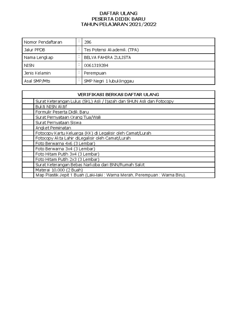 Bukti Daftar Ulang PPDB Bepa | PDF