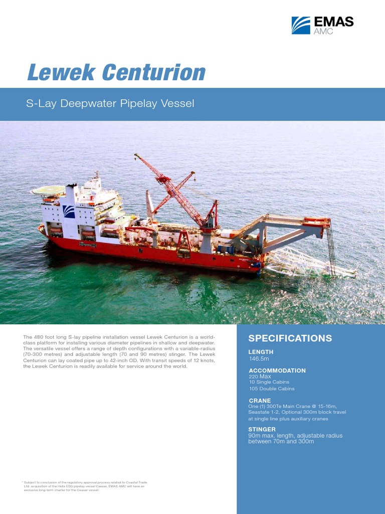 Lewek Centurion: S-Lay Deepwater Pipelay Vessel | PDF | Tonnage | Crane ...