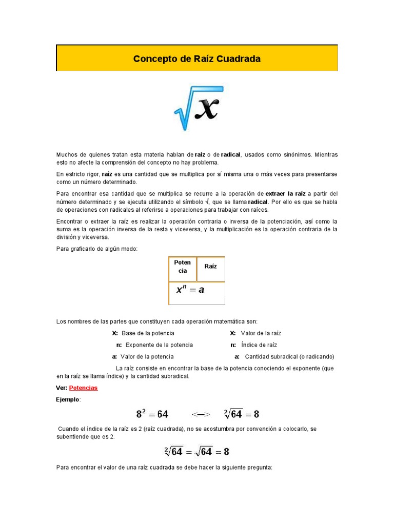 Concepto de Raíz Cuadrada, Partes de La Raiz, Historia y Como Hacer Una ...