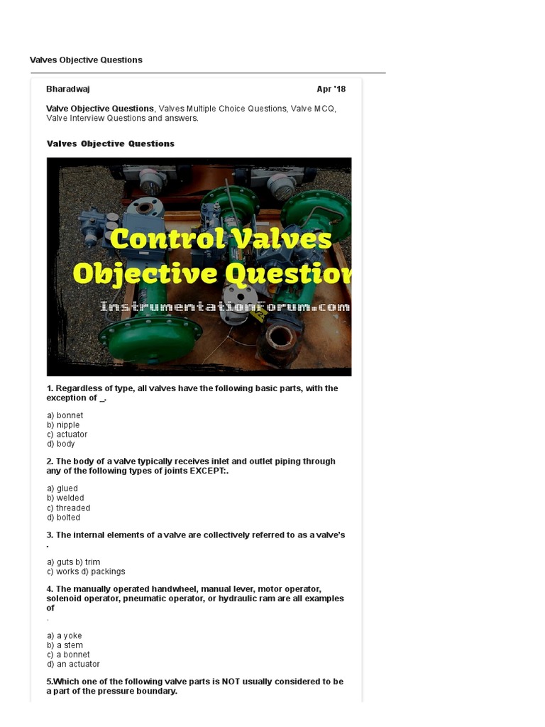 Valve Quiz: Objective Questions MCQ | PDF | Home & Garden