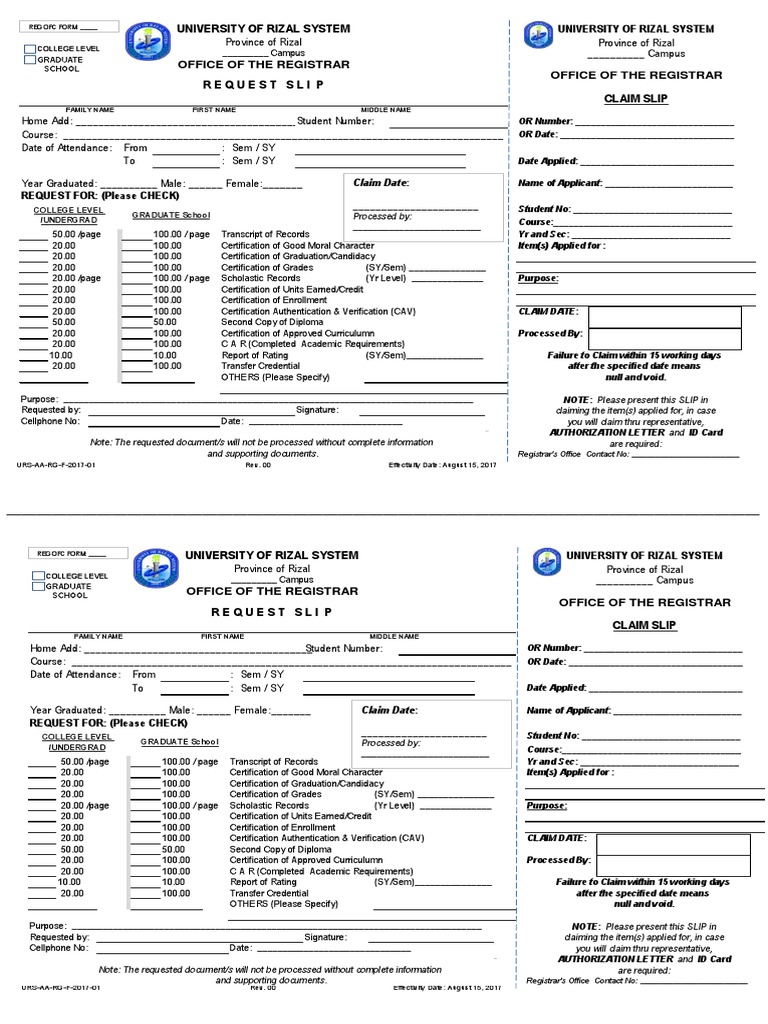 University of Rizal System Reques Slip and Claim Slip | PDF ...
