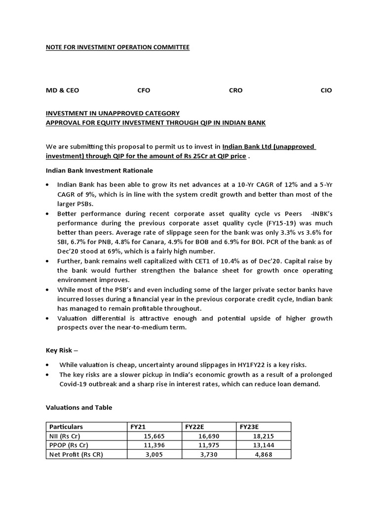 Indian Bank Investment Note - QIP | Download Free PDF | Valuation ...