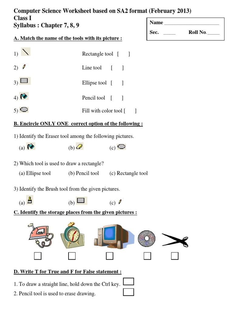 CBSE Class 1 Computer Science Worksheet - Computers | PDF