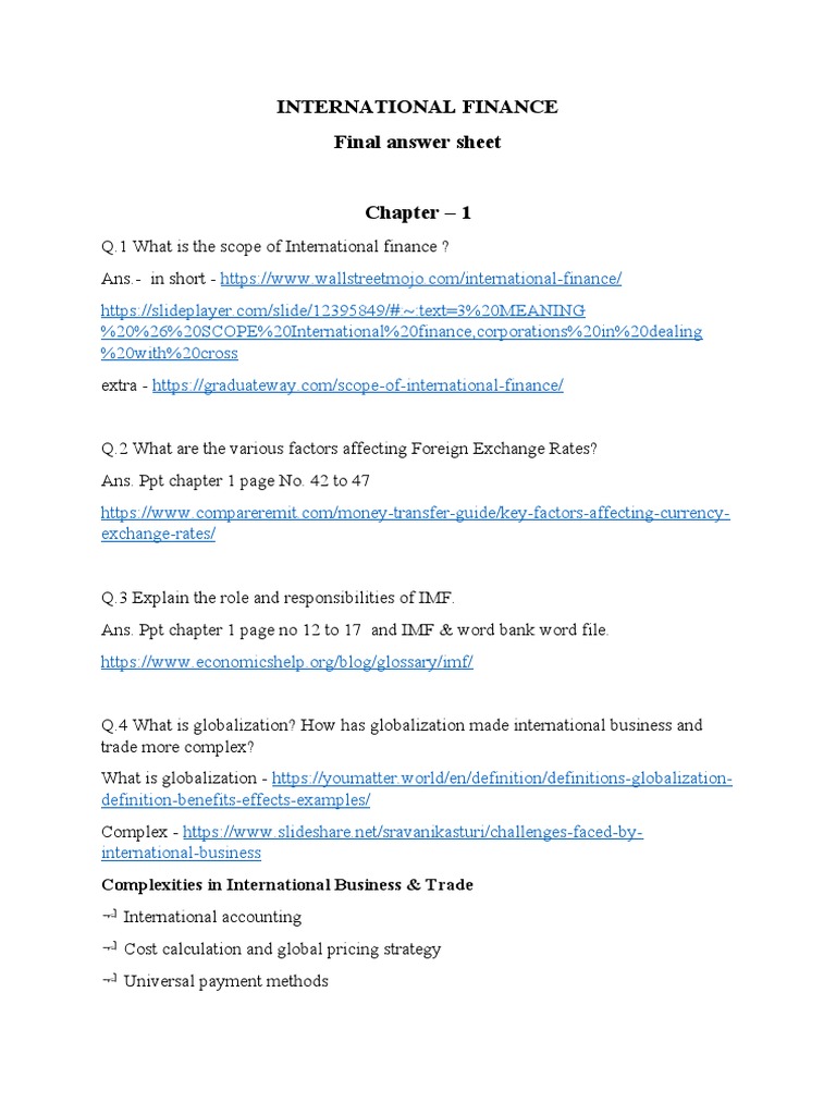 International Finance Final Answer Sheet: Complexities in International ...