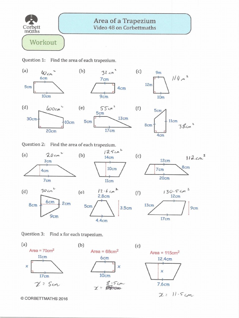 Area of A Trapezium Answers | PDF