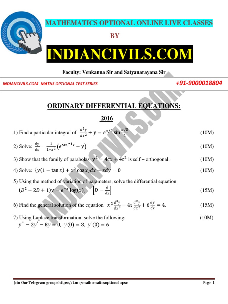 ODE Mathematics Optional Previous Years | PDF | Equations | Ordinary ...