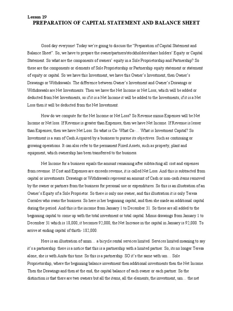 Lesson 19 - Preparation of Capital Statement and Balance Sheet | PDF ...