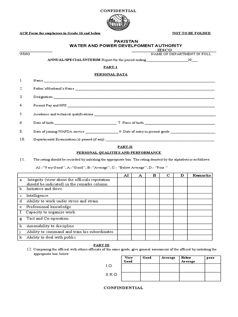 ACR FORM (Specmen) For Employees in Grade-15 and Below Dated 25.12.2011 ...