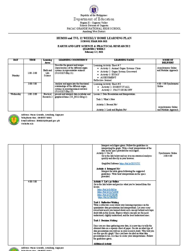 WEEKLY HOME LEARNING PLAN Week 5 | PDF | Data | Science