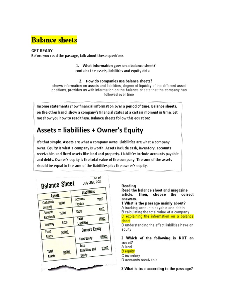 Balance Sheets: 1. What Information Goes On A Balance Sheet? | PDF ...