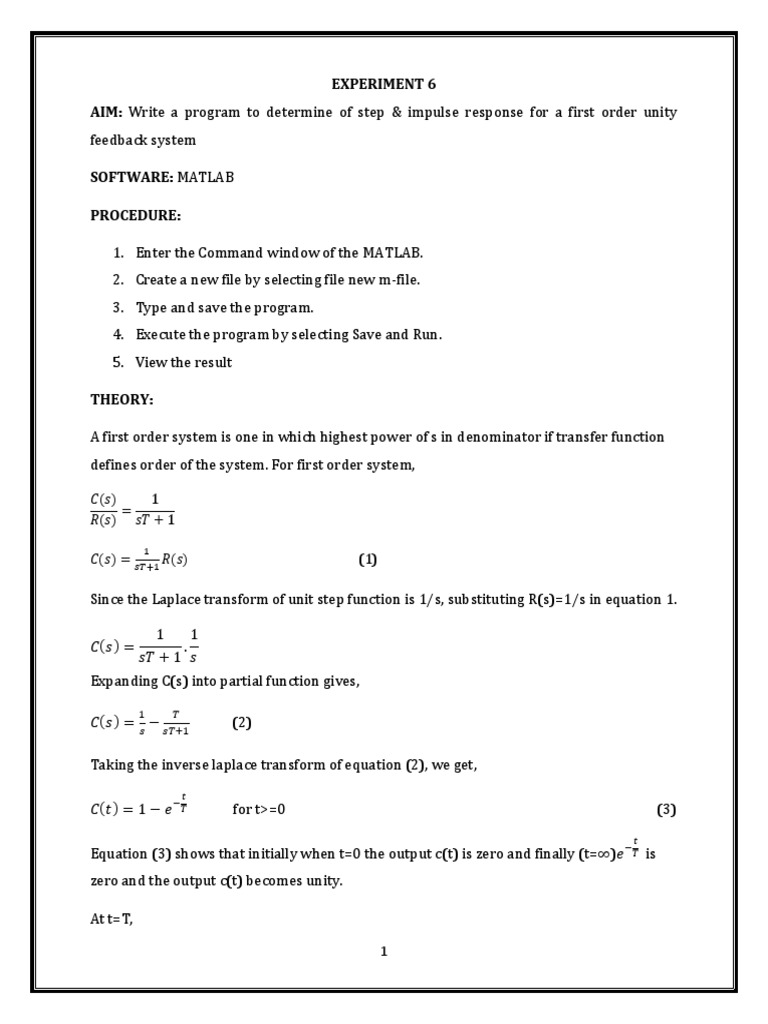 Experiment 6 AIM: Write A Program To Determine of Step & Impulse ...