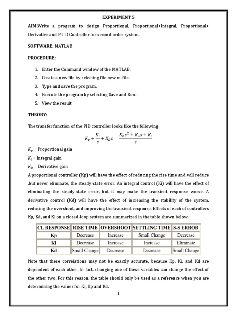 Experiment 5 AIM:Write A Program To Design Proportional, Proportional ...