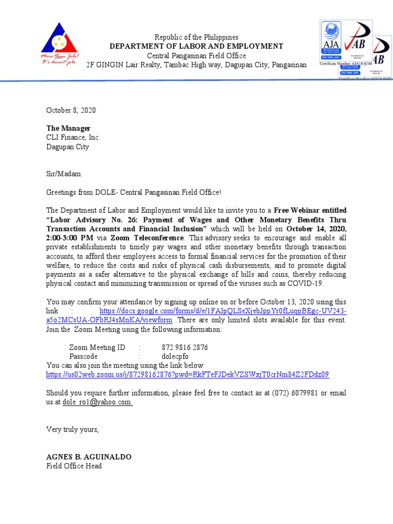 DOLE Webinar on Payment of Wages | PDF | Unemployment Benefits | Financial Inclusion
