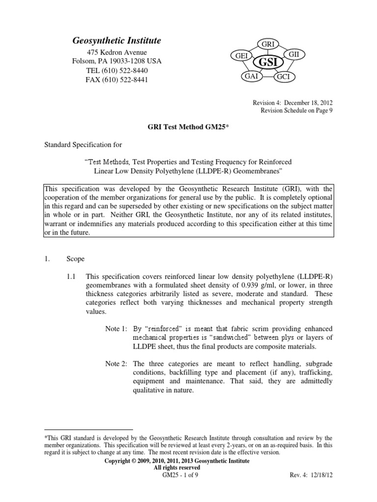 Geosynthetic Institute: GRI Test Method GM25 | Download Free PDF ...