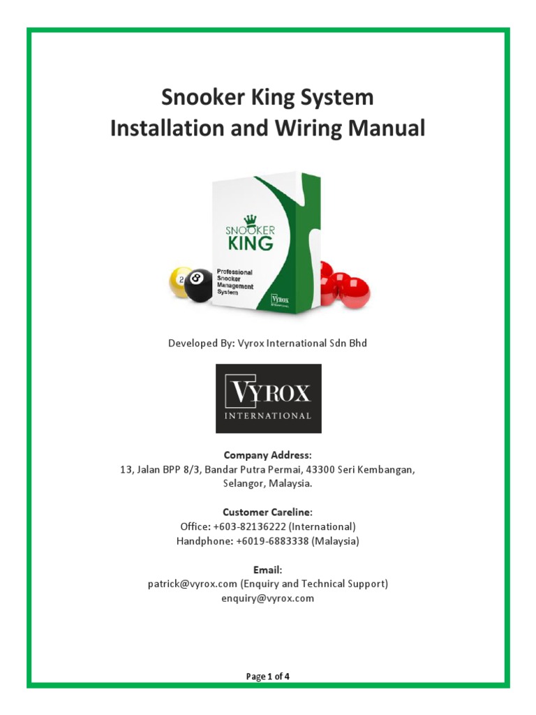 Snooker King System Installation and Wiring Manual: Company Address ...