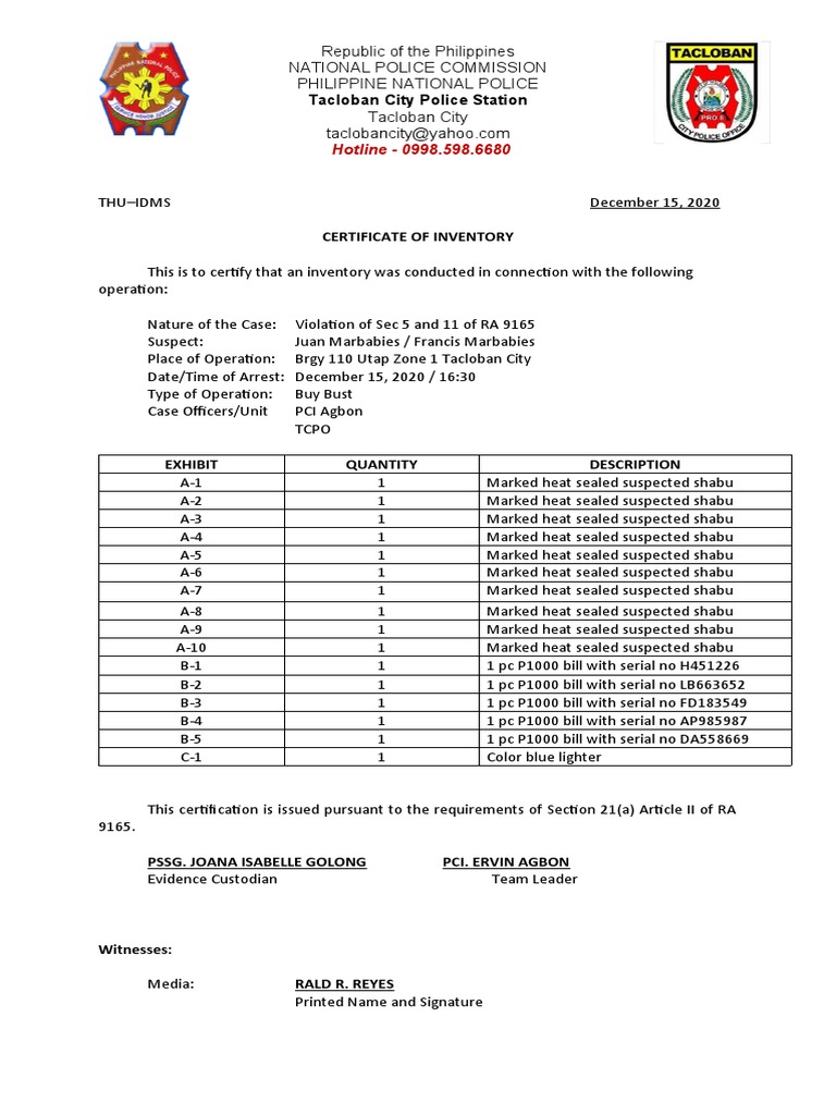 Tacloban City Police Inventory Report | PDF