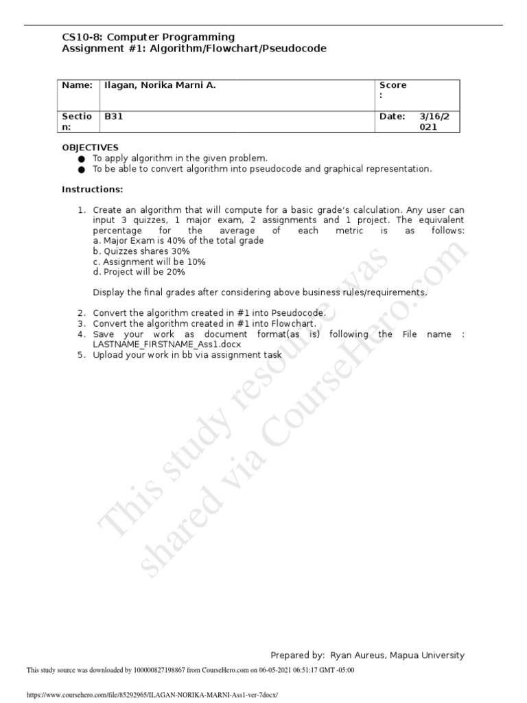 This Study Resource Was: CS10-8: Computer Programming Assignment #1: Algorithm/Flowchart ...