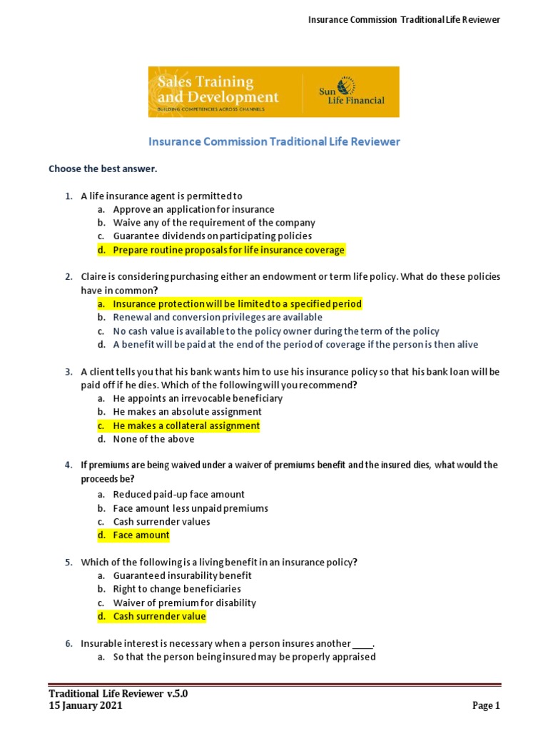 Insurance Commission Traditional Life Reviewer: Choose The Best Answer ...