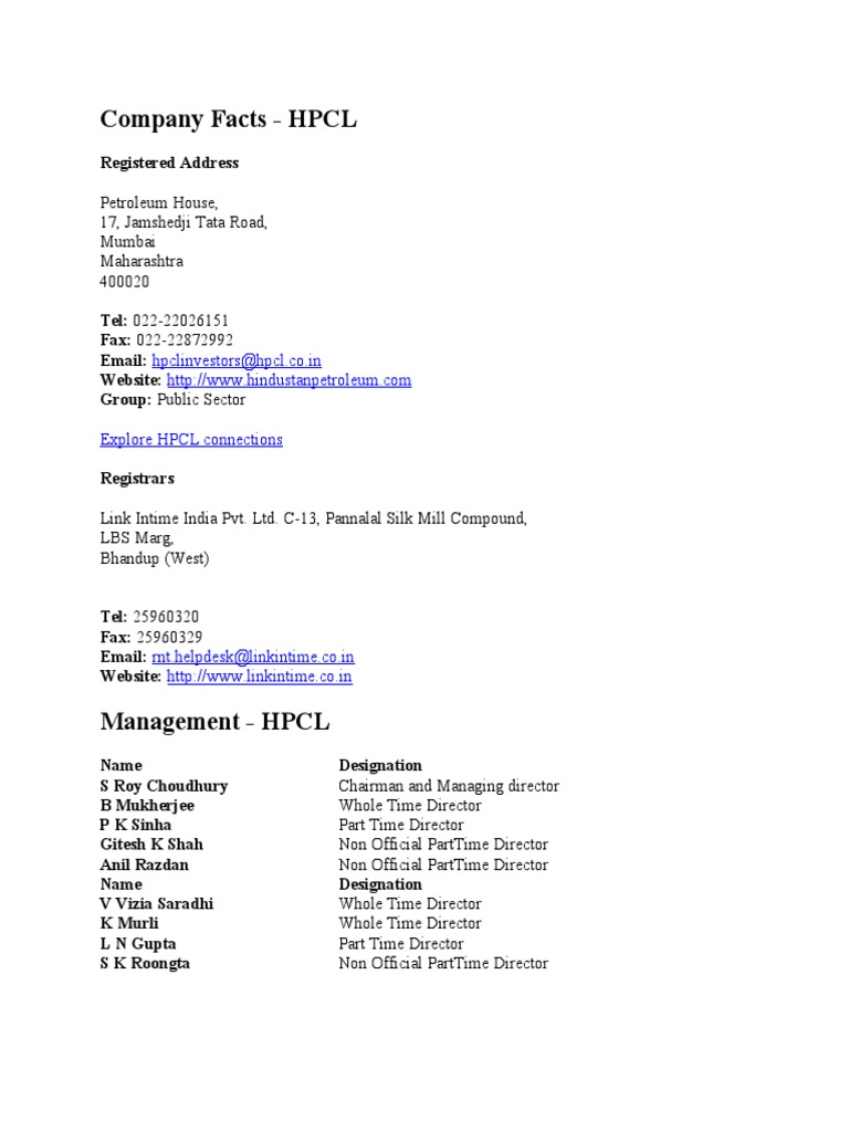 Company Facts - HPCL: Hpclinvestors@hpcl - Co.in | PDF | Petroleum ...