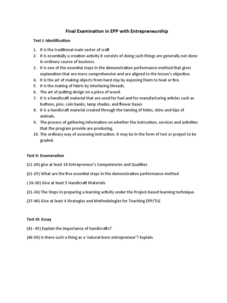 Final Examination in EPP With Entrepreneurship | PDF