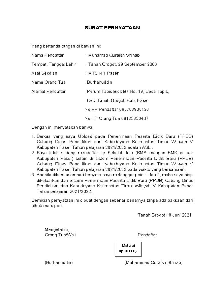 Surat Pernyataan Keaslian Berkas PPDB 2021 | PDF