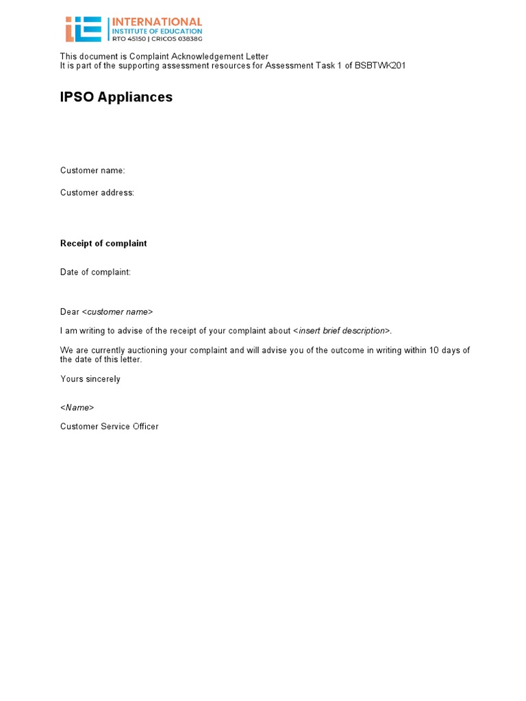 Complaint Acknowledgement Letter | PDF