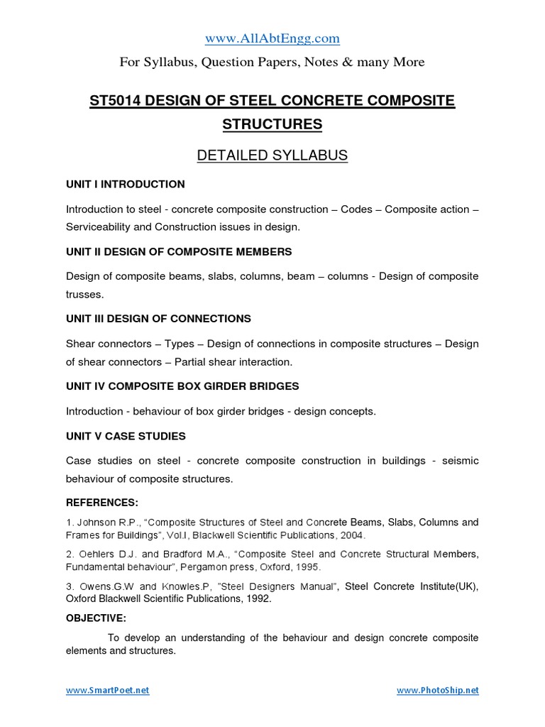 St5014 Design of Steel Concrete Composite Structures: For Syllabus ...