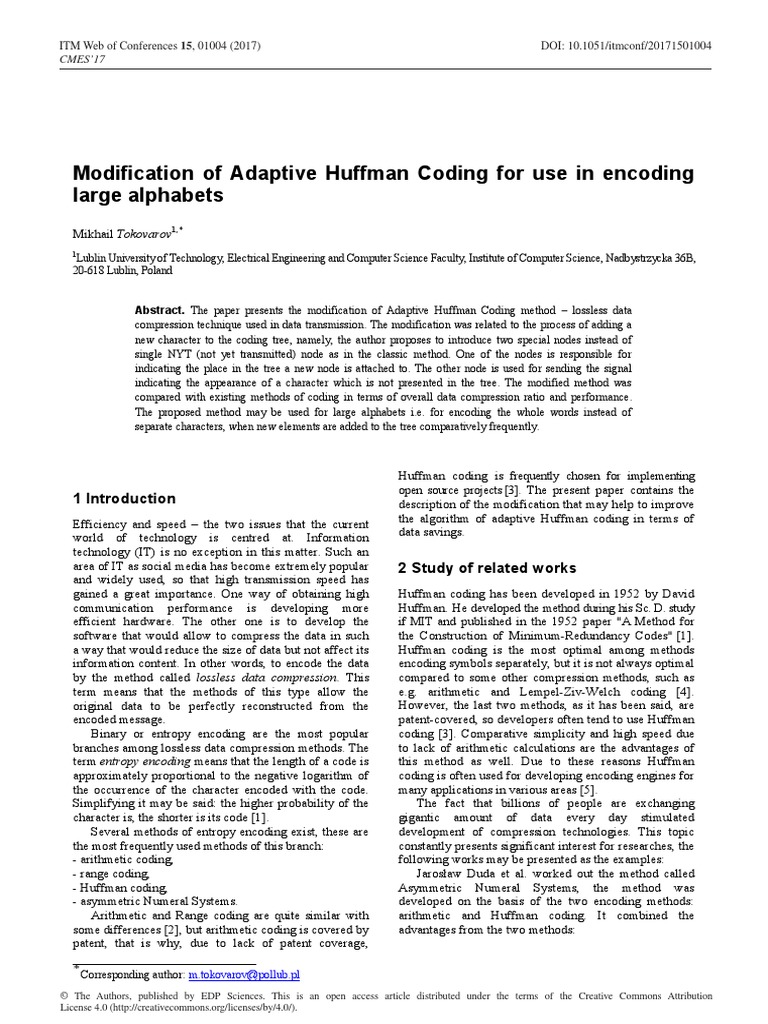 Modification of Adaptive Huffman Coding For Use in | PDF | Code | Data Compression