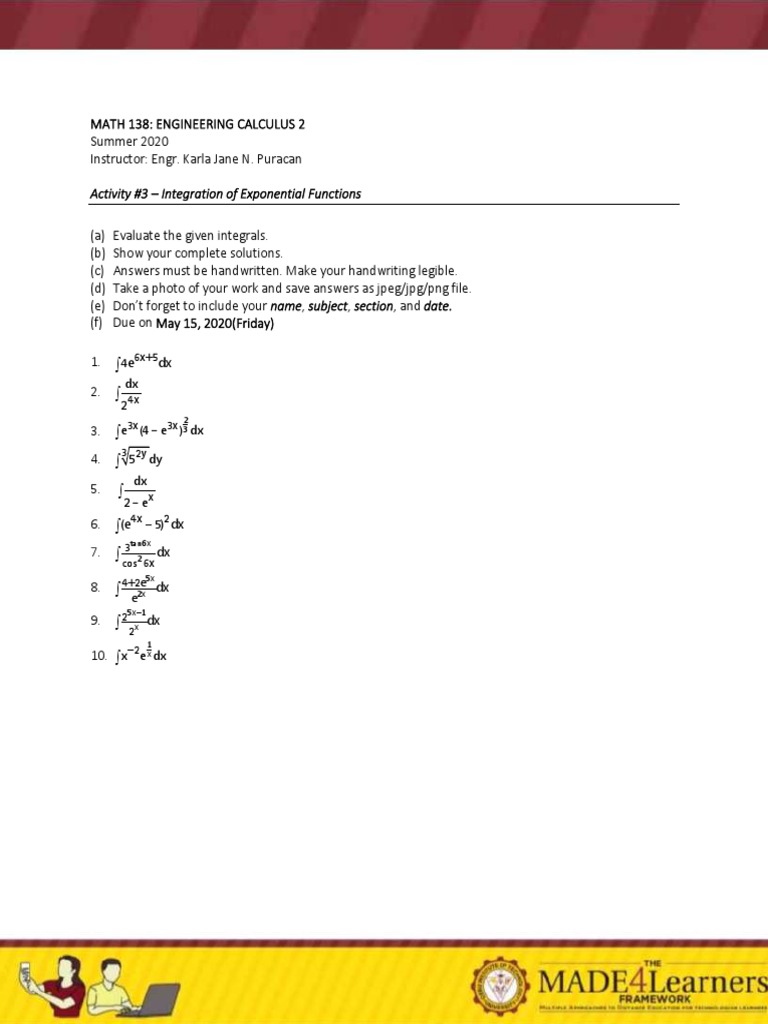 Activity #3 - Integration of Exponential Functions: DX 2 e e DX (4) Dy ...