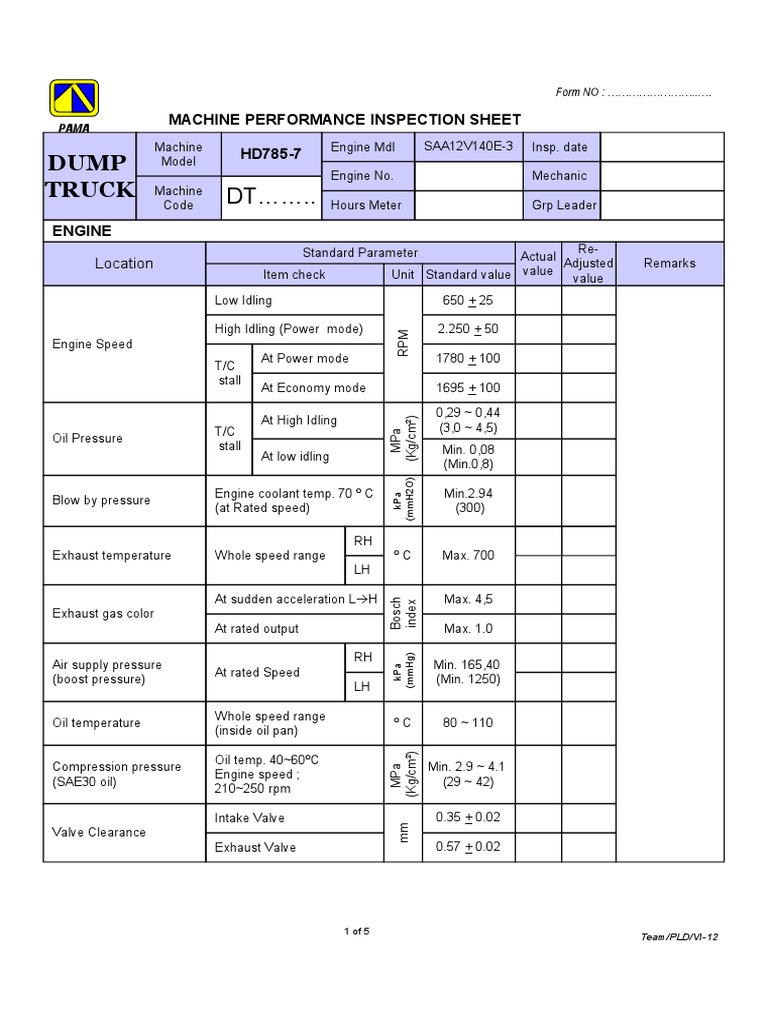 Dump Truck DT ..: Machine Performance Inspection Sheet HD785-7 | PDF ...