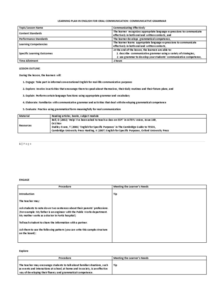 Learning Plan in English For Communicative Grammar | PDF | English ...