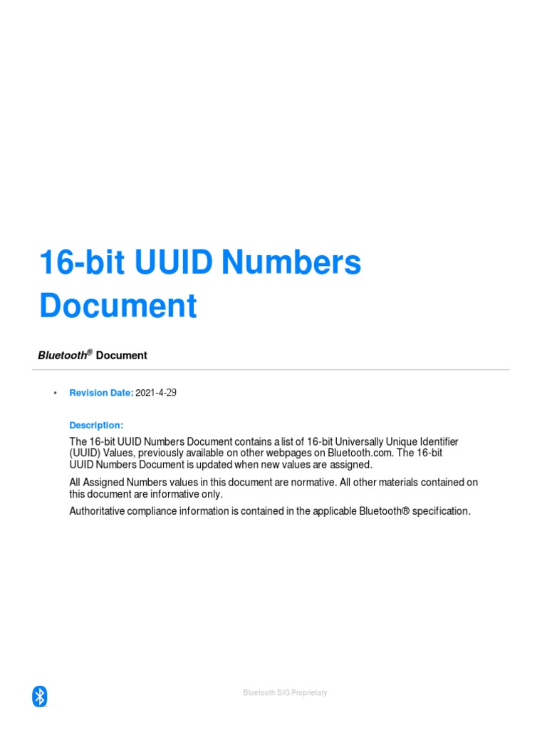 16-Bit UUID Numbers Document | PDF | License | Bluetooth 16-Bit UUID Numbers Document | PDF | License | Bluetooth